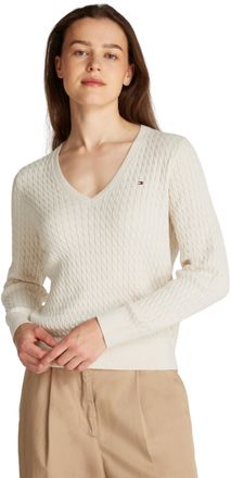 Tommy Hilfiger Damen Co Cable Fine Gg V-Nk Ls SWT Ww0Ww44987 Pullover, BEIGE (Heather Ivory Petal), M