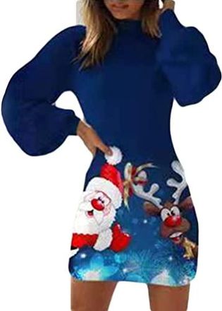 Minetom Robe De Noël Femme Pull Tricoté Col V Lanterne Manche Longue À Col Haut Imprimé De Noël Soirée Bleu Foncé L