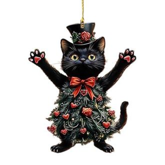 Generic Pendentif de No&euml;l en forme de chat - Ornement darbre en acrylique - D&eacute;coration saisonni&egrave;re 2D Art 2D pour r&eacute;troviseur de voiture, breloque de sac pour