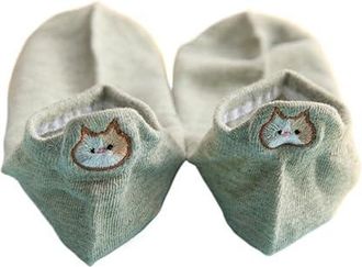 Generico Chaussettes de cheville avec broderie chat de dessin anim&eacute;, chaussettes d&eacute;collet&eacute;es pour femme, 5 paires vertes, Taille Unique
