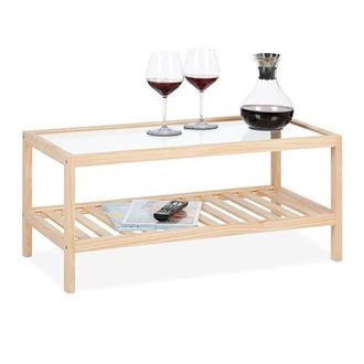 Relaxdays Couchtisch, Wohnzimmertisch mit Glasplatte, Holz, HBT 35 x 80 x 40 cm, rechteckiger Sofatisch, 2 Etagen, Natur