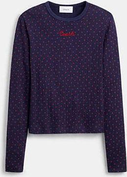 Coach Lang&auml;rmeliges Figurbetontes Rundhalsshirt Aus Bio-Baumwolle f&uuml;r Frauen in Blau, Gr&ouml;&szlig;e X-Klein