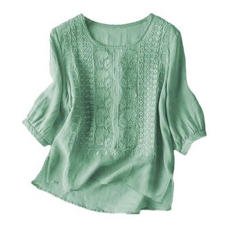 Generic Chemisiers en lin pour femme - D&eacute;contract&eacute; - Vintage - Broderie - Manches 3/4 - Col rond - Manches courtes - Tendance - V&ecirc;tements boh&egrave;mes, vert menthe