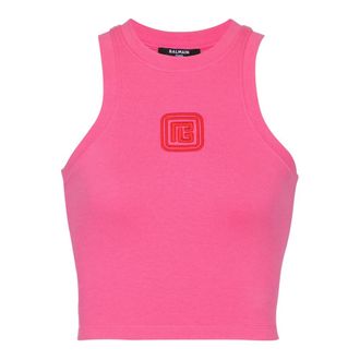 Balmain Femme, Tops, Rose, Taille: 44 FR Cropped tank top with retro PB embroidery