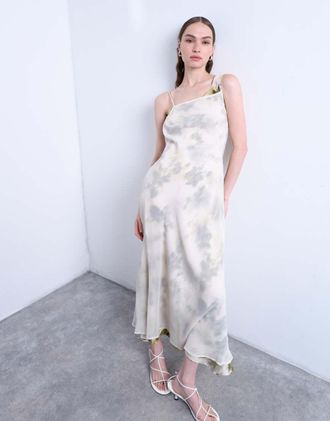 Topshop Doppellagiges Maxikleid mit asymmetrischem Ausschnitt und malerischem Blumenmuster-Bunt