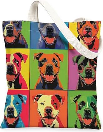 Generic Sac fourre-tout en toile Pop Art Pitbull pour faire du shopping, 33 x 38,1 cm, motif chiot abstrait amusant et amusant, sac d&eacute;picerie r&eacute;utilisable pou