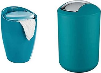 WENKO Hocker Candy Petrol, mit W&auml;schesack - Wohnhocker, Badhocker, 36 x 50.5 x 36 cm, Petrol & Schwingdeckeleimer Brasil Petrol L - Kosmetikeimer, 6.5 l, 19
