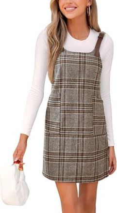 Cupshe Femme Cordon Salopette Sans Manches Automne Col en V Carr&eacute; Bretelles Boutons Robes de Loisirs avec Poches Mini Robe, Marron &agrave; carreaux, S
