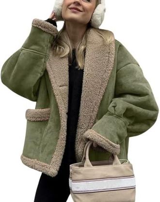 Generic Veste dhiver d&eacute;contract&eacute;e en similicuir su&eacute;d&eacute; pour femme, manteau de veste doubl&eacute; sherpa duveteux (Vert,M)