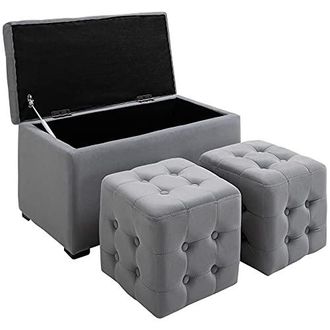 HOMCOM 3-teiliges Set mit Stauraum, 2 x Sitzhocker, Polster-Sitztruhe, Fu&szlig;hocker, Aufbewahrungsbox, Fu&szlig;ablage, belastbar bis 130 kg, Mikrofaserstoff, Schaums