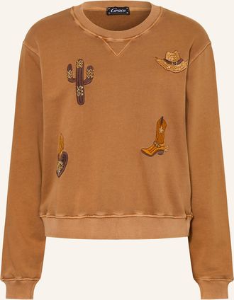Grace Grace Sweatshirt Desert Mit Schmuckperlen braun
