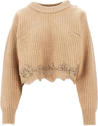 Chlo&eacute; Pull court en laine et cachemire avec dentelle - Femme - Pulls - Beige - Taille: 38 FR