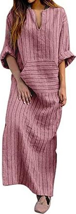 Generic Robe longue en coton et lin pour femme, grande taille, rayée, manches longues, col en V, caftan modeste avec poche, robe dété décontractée à coupe amp
