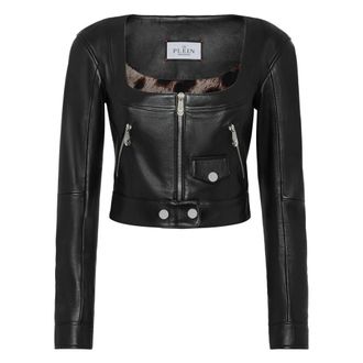 Philipp Plein Femme, Vestes, Noir, Taille: 40 FR Veste Courte Vintage en Cuir