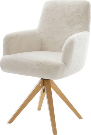 DELIFE Esszimmerstuhl Heira-Flex mit Armlehnen Holzgestell kantig Natur Pl&uuml;sch Creme-Wei&szlig; 180&deg; drehbar Taschenfederkern