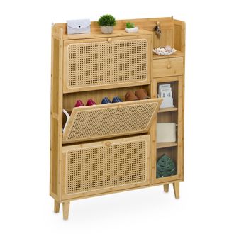 Relaxdays Schuhschrank, 5 F&auml;cher, Bambus Schuhregal, 127x95x19 cm, f&uuml;r 9 Paar, 3 Klappen, schmaler Schuhkipper, Natur