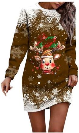 Generic Robe pull de No&euml;l pour femme - Manches longues - Col rond - Robe de No&euml;l avec motif de renne - Robe pull sans capuche - Robe de No&euml;l pour femme, marro
