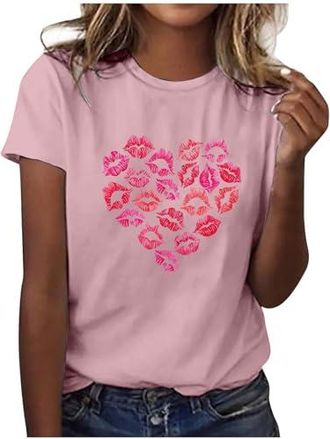 Generic 2026 T-shirt rond tendance pour femme avec imprim&eacute; coeur de Saint-Valentin &agrave; manches courtes, rose, XL