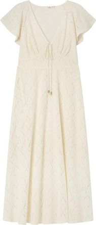 Springfield Damen Midi V Neck Short Sleeve Crochet Dress Kleid mit V-Ausschnitt, wei&szlig;, Small