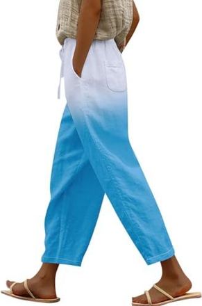 Generic Pantalon en coton et lin pour femme - Jambe large - Pantalon de plage d&eacute;t&eacute; confortable - Pantalon de yoga Palazzo XIYU26010, bleu ciel, XXL