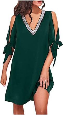 Generic Robe R&eacute;veillon - Robe de Soir&eacute;e Chic et Glamour - Robe Femme Col V Paillette Manches Courtes Noeud Robe &Eacute;paules D&eacute;nud&eacute;es Robe Midi Robe Paillet&eacute;e