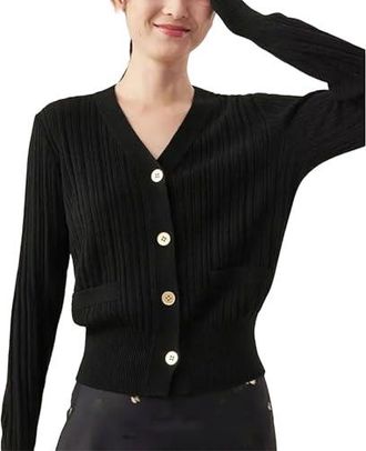 Generic Cardigan r&eacute;tro en coton tricot&eacute; &agrave; col en V pour femme, Noir/blanc, XL