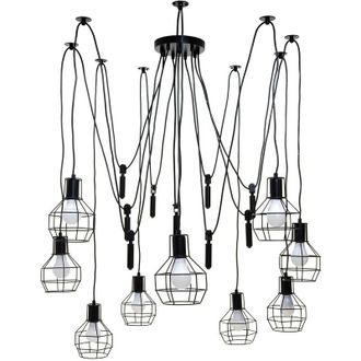 Hhg Pendelleuchte HHG 195, H&auml;ngelampe H&auml;ngeleuchte, Industrial Metall h&ouml;henverstellbar schwarz 9x Gitterlampenschirm