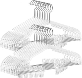 Songmics Hosenbügel, 30 Stück, transparente Kunststoffbügel, 40,6 x 22,5 cm, Rockbügel mit verschiebbaren Clips, breite Schulterkerben, 360° drehbarer Haken, f