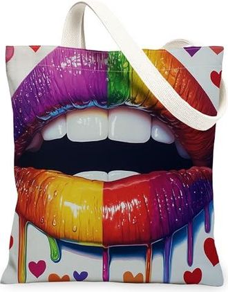 Generic Sacs fourre-tout en toile avec motif l&egrave;vres color&eacute;es - R&eacute;utilisables - L&eacute;gers et lavables - Pour le shopping, lext&eacute;rieur, les voyages, la plage - 33 x