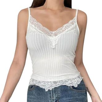 Generic D&eacute;bardeur pour femme - D&eacute;bardeur &agrave; bretelles spaghetti - Avec bordure en dentelle - Avec soutien-gorge int&eacute;gr&eacute; - D&eacute;bardeurs d&eacute;t&eacute; - Col en V - T-shirt 