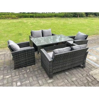 Fimous Fimous 6 Sitzer Outdoor Dunkelgrau gemischt Hoher R&uuml;cken Rattan Sofa Esstisch Set Gartenm&ouml;bel Sesseln Liebe Sofa