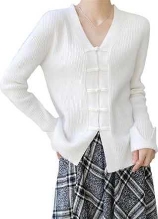 Generic Cardigan d&eacute;contract&eacute; ample &eacute;l&eacute;gant &agrave; col en V pour femme - Doux et chaud - 100 % laine m&eacute;rinos - Pull r&eacute;tro, blanc, Taille XS