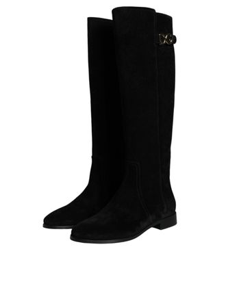Dolce & Gabbana Womens Black Suede Leather Knee High Boots Shoes Lamb