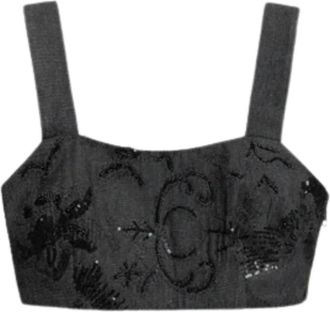 Weili Zheng Femme, Tops, Noir, Taille: 42 FR Top bandeau &agrave; bretelles en denim brod&eacute;