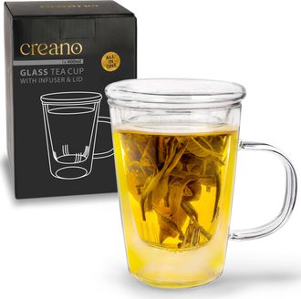 Creano Teeglas 400ml - Große Teetasse mit Sieb und Deckel aus Glas - ein idealer Teebereiter