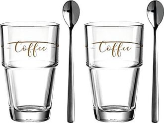 Leonardo Solo Latte-Macchiato Gl&auml;ser 4 teilig, 2 Glas-Becher mit Coffee Aufdruck und 2 L&ouml;ffel, sp&uuml;lmaschinengeeignetes Cappuccino Glas, 410 ml, 043477
