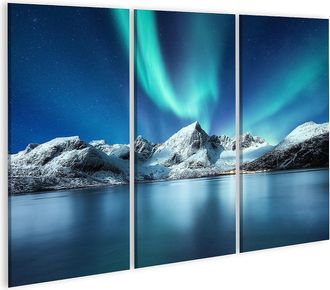 Islandburner Leinwandbild Aurora Borealis Lofoten Inseln Norwegen Nordlichter Berge Reflexion Wa - Leinwand 130x80cm - 3 Teile