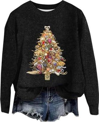 Generico Pull de Noël amusant pour femme - Pull dhiver en tricot long avec col rond - Pull ample - Haut chaud et élégant, Noir, XL