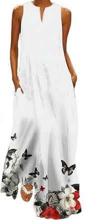 Ocean Plus Femme Robe Longue sans Manches Vintage Imprimée en Couleur Multiple avec Encolure en V (M, Fleurs Rouges Papillons Noirs)