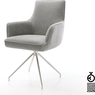 DELIFE Esszimmerstuhl Heira-Flex mit Armlehnen Strukturstoff Soft Grau Kreuzgestell konisch Edelstahl Taschenfederkern, Esszimmerst&uuml;hle