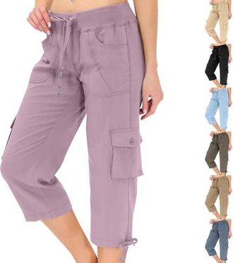 Generic Pantalon cargo pour femme - Taille haute - Pantalon en lin 7/8 - Pantalon dété léger et aéré - Coupe droite - Pantalon de loisirs - Séchage rapide - P