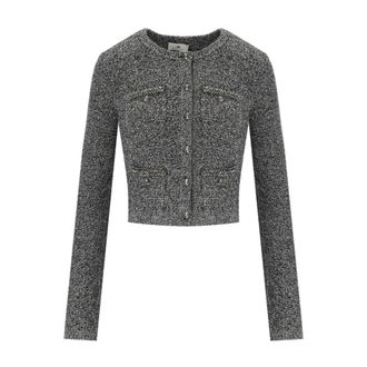 Elisabetta Franchi Grauer Boucl&eacute; Woll-Cardigan mit Strass-Details - - Knitwear - Damen - Grau - S