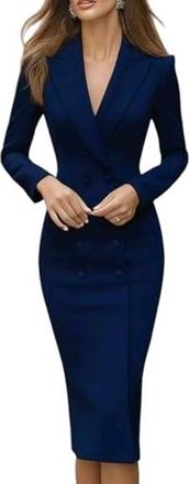 Generic Robe midi &eacute;l&eacute;gante &agrave; manches longues et col en V pour femme, robe de costume sexy &agrave; double boutonnage, bleu marine, L