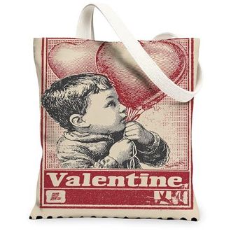 Generic Valentine Hearts Sac fourre-tout en toile r&eacute;utilisable Motif amour r&eacute;tro Sacs d&eacute;picerie l&eacute;gers lavables en toile pour, beige, 13x15 Inch