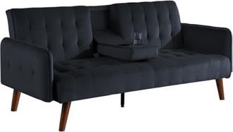 Concept Usine | Canap&eacute; 3 Places Convertible Inverness Noir | Design Moderne en Lin | Tablette Centrale Int&eacute;gr&eacute;e | Lit Couchage 181 x 97 cm | Pi&egrave;tement Bois dH&eacute;v&eacute;a |