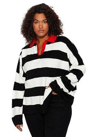 Trendyol Pull &agrave; Manches Longues pour Femme-Ray&eacute;-Grande Taille Sweater, Rouge, 5XL