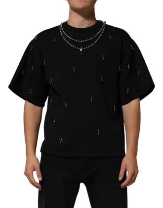 Dolce & Gabbana Mens Black Polyester Necklace Embellished T-Shirt