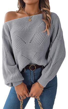 Feoya FOEYA Damen Pullover One Line Ausschnitt Off Shoulder L&auml;ssig Locker Modisch Strick Laternen&auml;rmeln Solide Farbe Herbst Winter Oberteil S