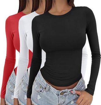 Generic Lot de 3 t-shirts à manches longues Y2k pour femme - Sous-vêtements thermiques moulants et ajustés - Col rond - Coupe extensible - Esthétique - Street