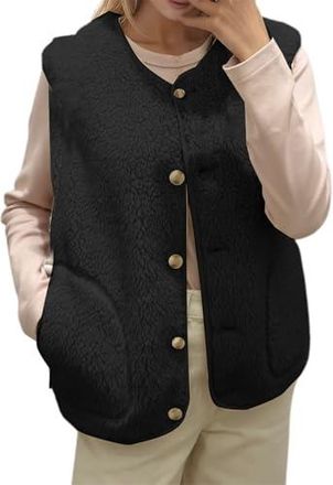 Generic Vestes pour femme en fausse peau de mouton - Col montant - Chaude - Sans manches - Pour lautomne et lhiver, Noir, XL